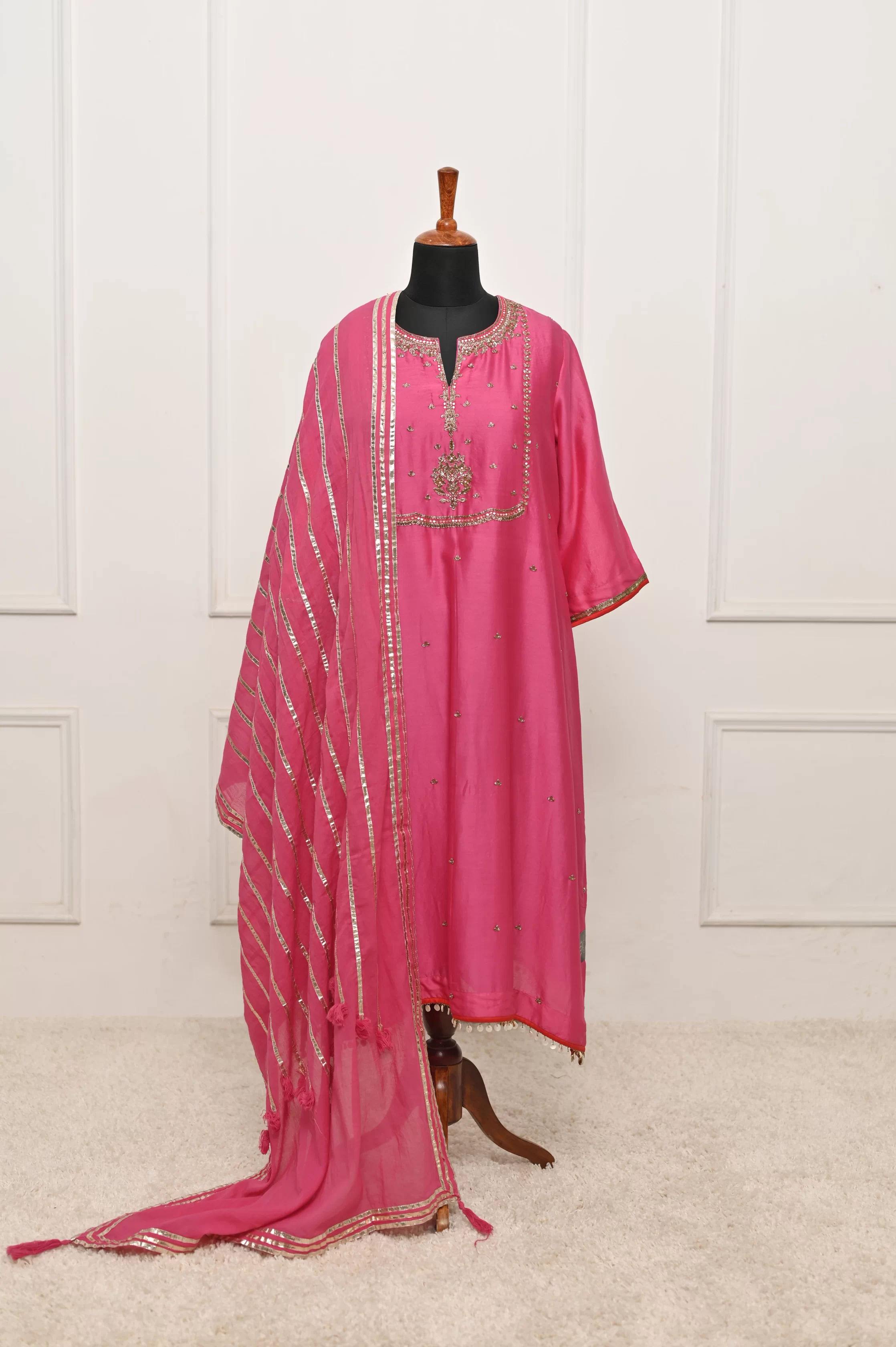 Fuchsia Pink Mirror Work Kurta Set with Gota Dupatta | Designer Wear in ...